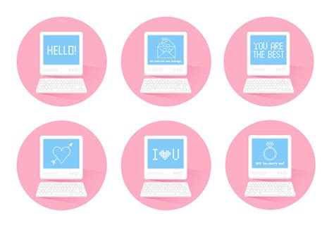 미래 복고풍 컴퓨터 화면에 사랑스러운 메시지 온라인 데이트 로맨스 개념 가상 사랑 장거리 관계 인쇄 스티커 웹 디자인을위한
