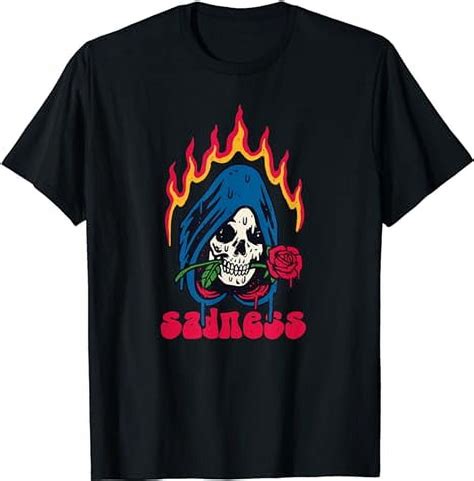 Flaming Skull With Rose Sadness T Shirt