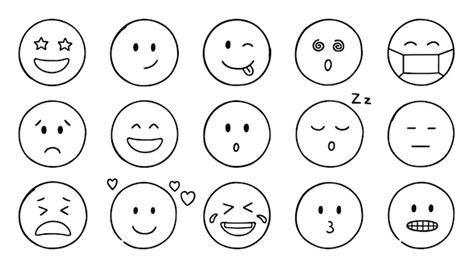 Emoji 낙서 아이콘 행복하고 슬픈 웃는 얼굴 세트 스케치 스타일의 재미있는 이모티콘 흰색 배경에 격리된 손으로 그린 벡터