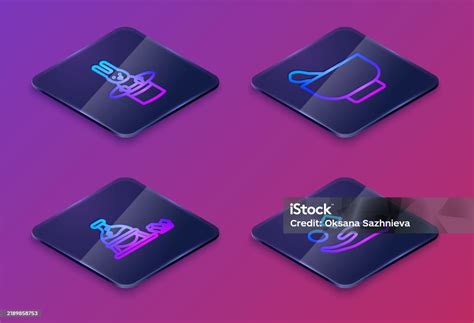 아이소 메트릭 라인 마술사 모자와 토끼 마녀 가마솥 마법석 절격포 유봉 및 큐브가 손 위에 떠 있습니다 파란색 사각형 버튼입니다 벡터 3차원 형태에 대한 스톡 벡터 아트 및