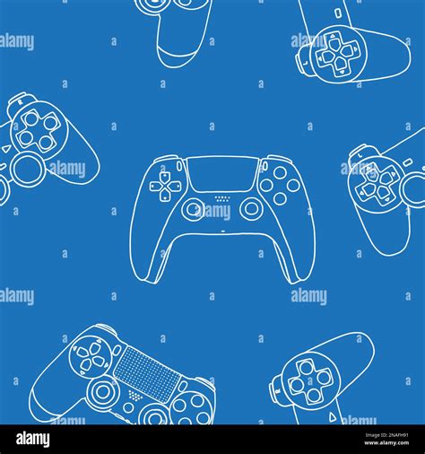 Seamless Pattern Of Game Controllers Vector Illustration In Hand Drawn Outline Flat Style On