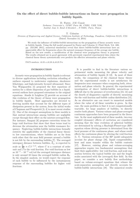 Pdf Effect Of Direct Bubble Bubble Interactions On Linear Wave Propagation In Bubbly Liquids