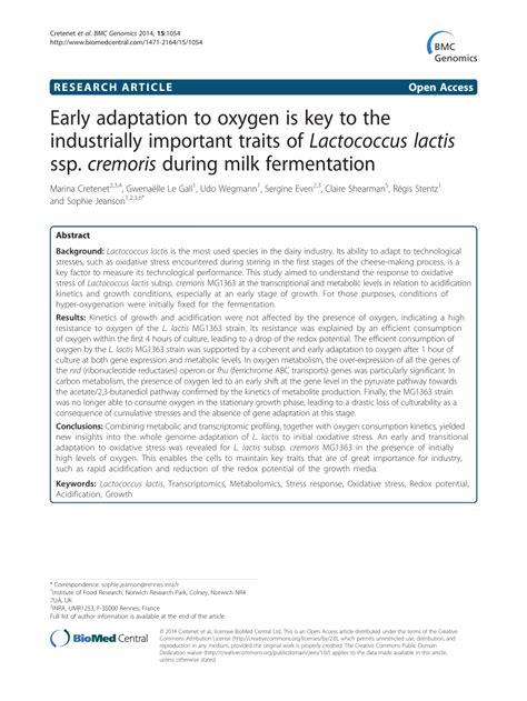 Pdf Early Adaptation To Oxygen Is Key To The Industrially Important Traits Of Lactococcus