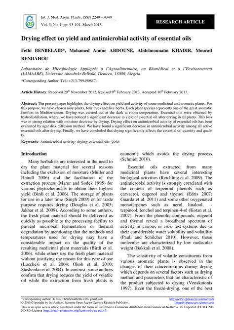 Pdf Drying Effect On Yield And Antimicrobial Activity Of Essential Oils