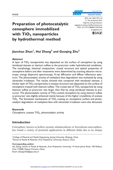 Pdf Preparation Of Photocatalytic Cenosphere Immobilized With Tio2 Nanoparticles By