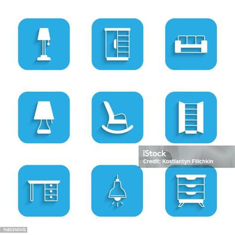 흔들 의자 램프 교수형 가구 스탠드 옷장 사무실 책상 테이블 램프 소파 및 바닥 아이콘을 설정합니다 벡터 가구에 대한 스톡 벡터 아트 및 기타 이미지 Istock