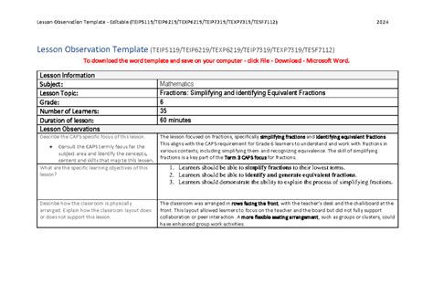 Lesson Observation Template Editable Maths Lesson Observation