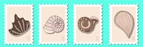벡터 아름다운 세트 4 개 손으로 그린 포스트 스탬프 현대 벡터 절연 포스트 스탬프 디자인 조개와 별은 스탬프를 게시합니다 메일 및 우체국 개념 드로잉 갑각류에 대한 스톡