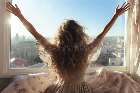 Woman Waking Up in Bed with Stretched Hand Up on a Window Sill ...