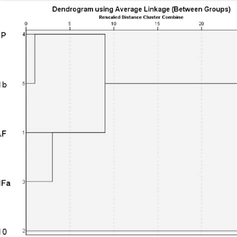 dendrogram resulting in hierarchical clustering performed on the five