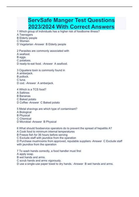 ServSafe Manger Test Questions 2023 2024 With Correct Answers
