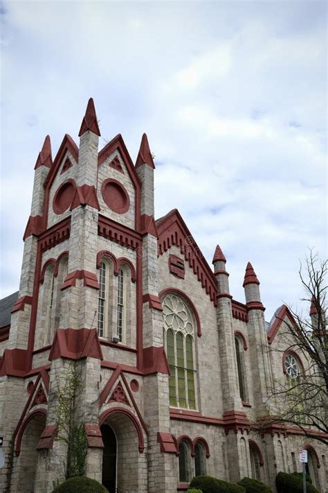 Full Exterior Of Gothic Church With Red Accents Philadelphia