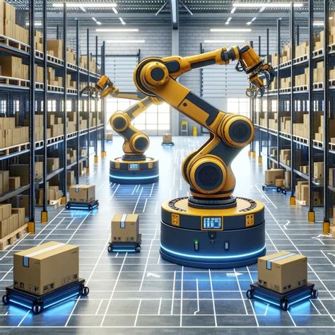 Premium Photo Autonomous Yellow Robots With Packages In Futuristic Warehouse Setting Smart