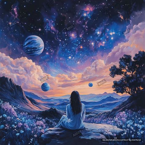 ai创作图女孩 星空 宇宙 星球 云彩 花朵 山峦 树木 晚霞 夜空 幻想 美景 自然 宁静 梦幻 昵图网