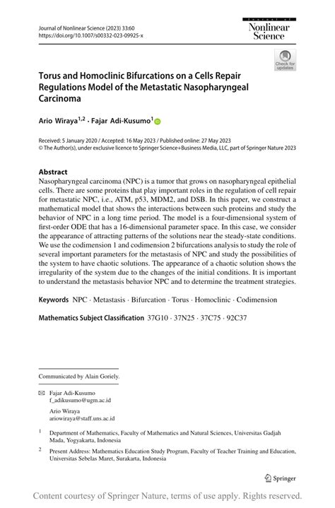 Torus And Homoclinic Bifurcations On A Cells Repair Regulations Model Of The Metastatic