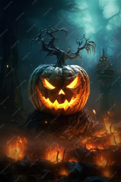 Premium Ai Image Anthropomorphic Pumpkin Angry Jack With Scar Surface Againts The Haunted
