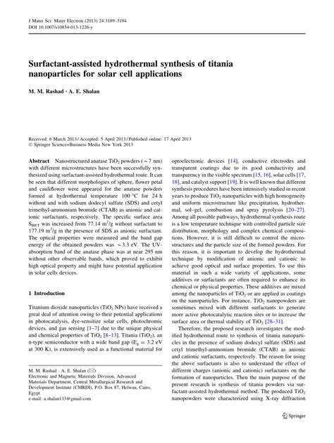 Pdf Surfactant Assisted Hydrothermal Synthesis Of Titania Nanoparticles For Solar Cell