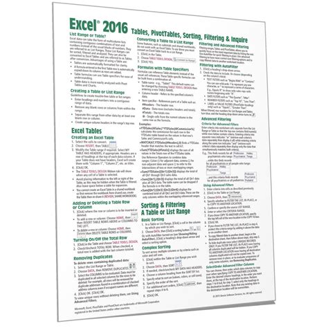 excel 2016 tables pivottables filters cheat sheet card beezix