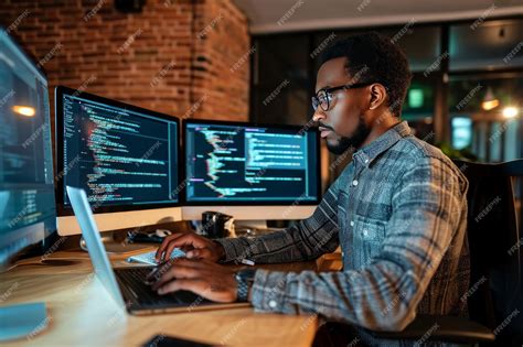 African American Developer Coding On Laptop At Software Agency Premium Ai Generated Image