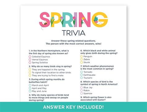 Spring Trivia Game, Printable Spring Quiz With Answers for a Family, Classroom or Church Party ...