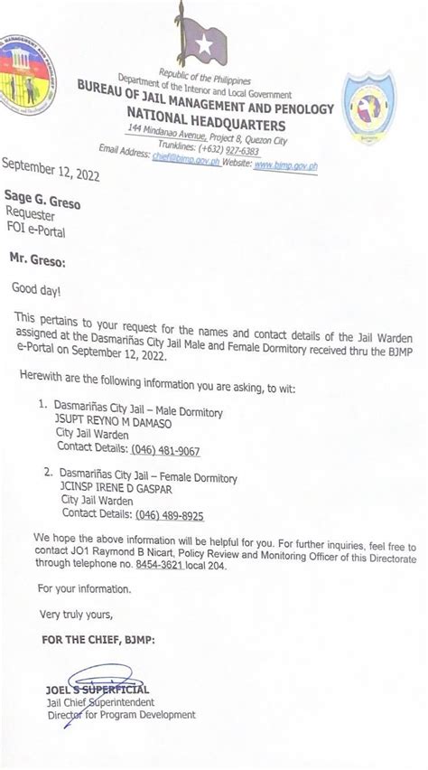 Contact Name Position And Department Of The Head Of Bjmp In Dasmariñas City