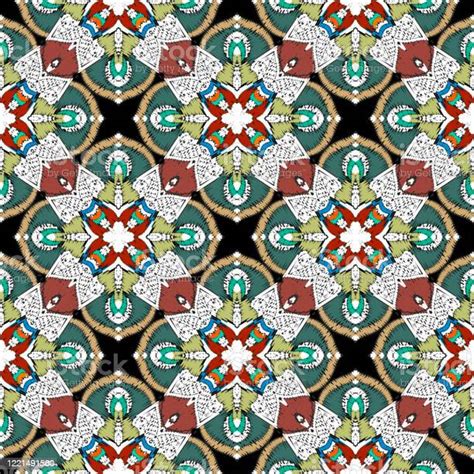 태피스트리 민족 다채로운 벡터 원활한 패턴입니다 장식 텍스처 배경입니다 부족 패턴 반복 지저분한 배경 자수 추상 꽃 장식 자수 감촉 화려한 디자인 0명에 대한 스톡 벡터