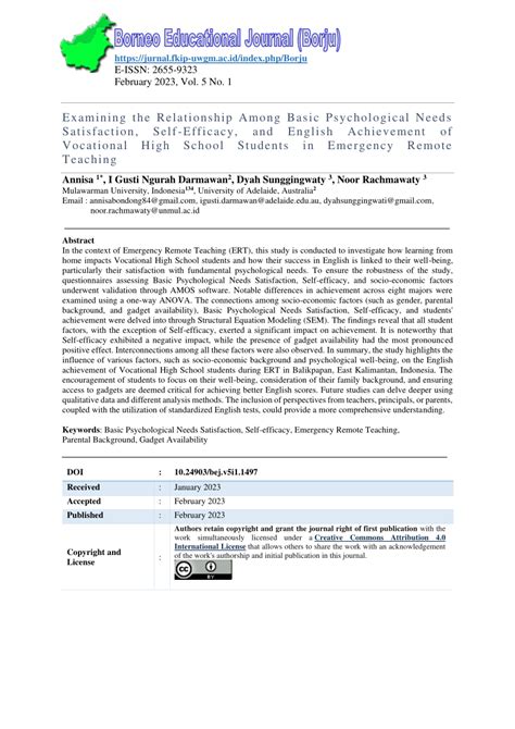 Pdf Examining The Relationship Among Basic Psychological Needs Satisfaction Self Efficacy