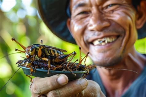 Eating Edible Insects Closeup Eating Bugs Eating Insect Snacks Exotic Cuisine As Fried Bugs Eating Edible Insects Closeup Eating Bugs Eating Insect Snacks Exotic Cuisine As Fried Bugs