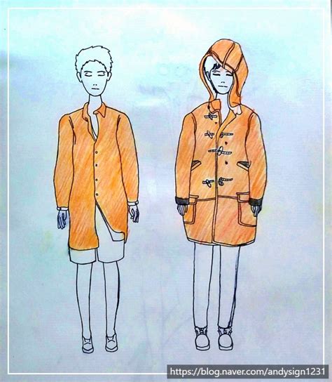 길을 걷는 여성과 코트를 입은 남성 패션 모델의 모습을 연필과 펜 색연필로 그린 인물화 그림 그리기 네이버 블로그