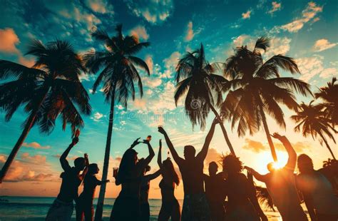 Tropical Beach Party At Sunset With Friends Celebrating Under Palm