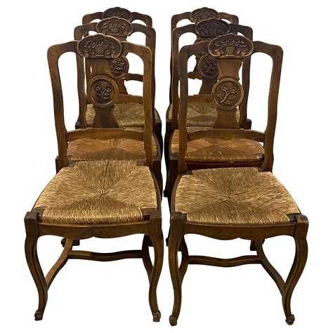 Set Of 6 Six French Provincial Dining Chairs In Walnut With Rush