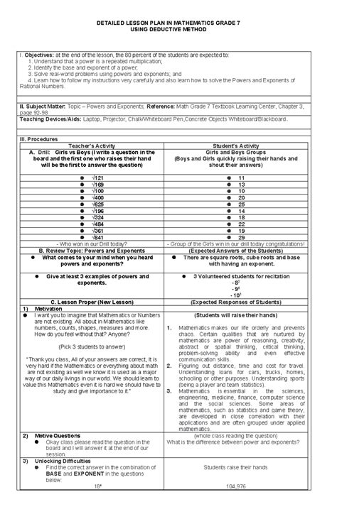 Detailed Deductive Lesson Plan Detailed Lesson Plan In Mathematics