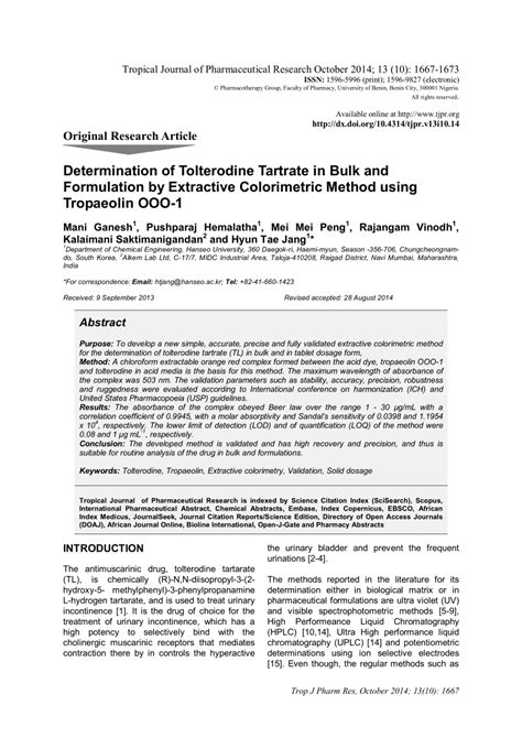 Pdf Determination Of Tolterodine Tartrate In Bulk And Formulation By Extractive Colorimetric