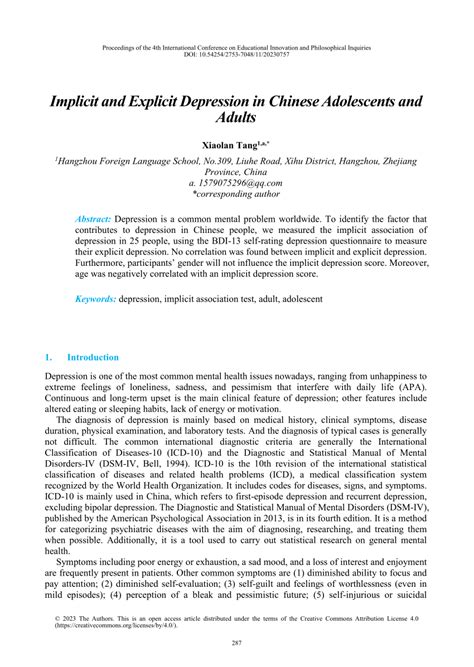 Pdf Implicit And Explicit Depression In Chinese Adolescents And Adults