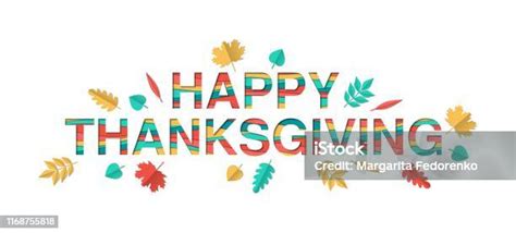 추상적인 컬러 종이 컷 모양과 잎 행복 한 추수 감사절 타이포그래피 디자인 벡터 그림입니다 가을 축 하 휴일 포스터 컨셉 공예에 대한 스톡 벡터 아트 및 기타 이미지