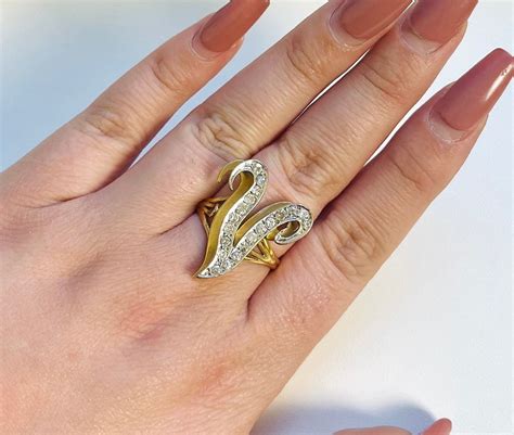 Vintage Large Retro 14k Gold Letter V” Ring With Diamonds Etsy