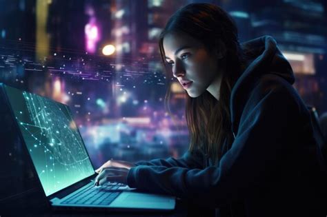 Premium Photo Young Girl Programmer Writing Code On The Keyboard In The Office Space At Night