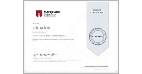 Rifa Rafeek On Linkedin Completion Certificate For Excel Skills For Business Intermediate I