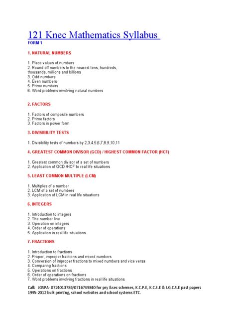 121 Knec Mathematics Syllabus Pdf Trigonometric Functions Quadratic Equation