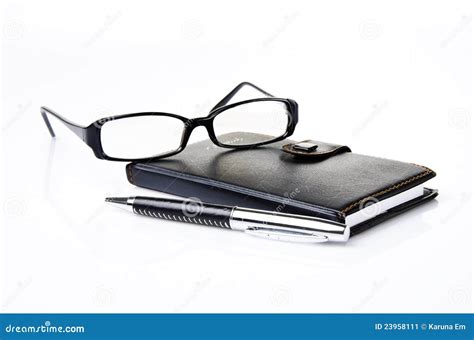 Notebook Glasses And Black Pen Stock Image Image Of Black Macro 23958111