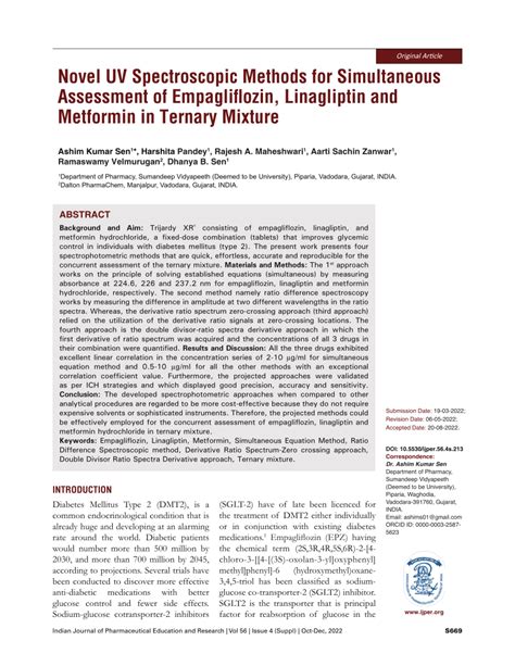 Pdf Novel Uv Spectroscopic Methods For Simultaneous Assessment Of Empagliflozin Linagliptin