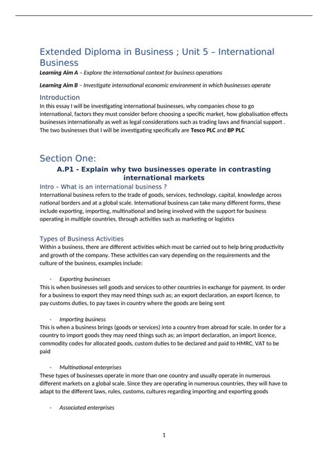 Unit 5 International Business Learning Aim A And B Distinction Unit 5 International