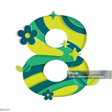 8 숫자 숫자 문자 환경 환경 일 잎 글꼴 편지 만화 스타일 추상 종이 반짝임 빛나는 녹색 산 지리 윤곽선 3d 종이 레이어 컷 아웃 카드 벡터 일러스트 레이 션 0명에