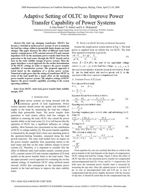Adaptive Setting Of Oltc To Improve Power Transfer Capability Of Power