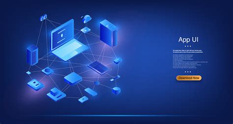 컴퓨터 스마트폰 및 서버와 같은 상호 연결된 장치를 특징으로 하는 최신 앱 사용자 인터페이스를 나타냅니다 이 디자인은 기술적