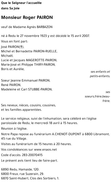 Avis De Décès De Roger Pairon Décédé Le 15042007 à Annonce