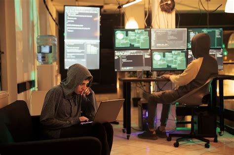 Premium Photo Two Hackers Working On Computers To Crack Encryption