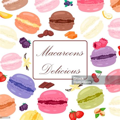 베이커리 숍 포스터 벡터 일러스트레이션 다른 맛의 쿠키와 마카롱으로 달콤한 삶 빵집 광고 딸기와 함께 맛있는 디저트 패스트리