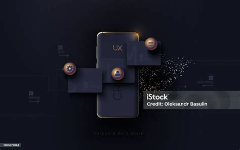 모바일 Ui Ux Korbon 및 골드 개념 검은 색 배경에 블록과 아이콘으로 구성된 모바일 앱 인터페이스와 휴대 전화 사용자