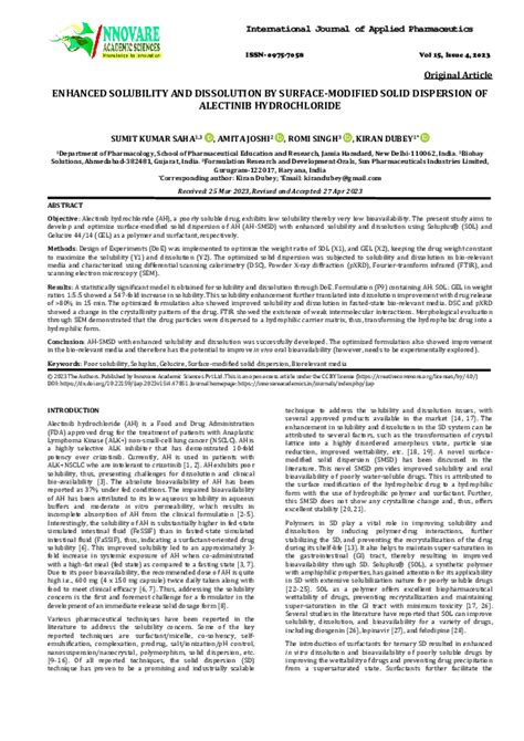 Pdf Enhanced Solubility And Dissolution By Surface Modified Solid Dispersion Of Alectinib
